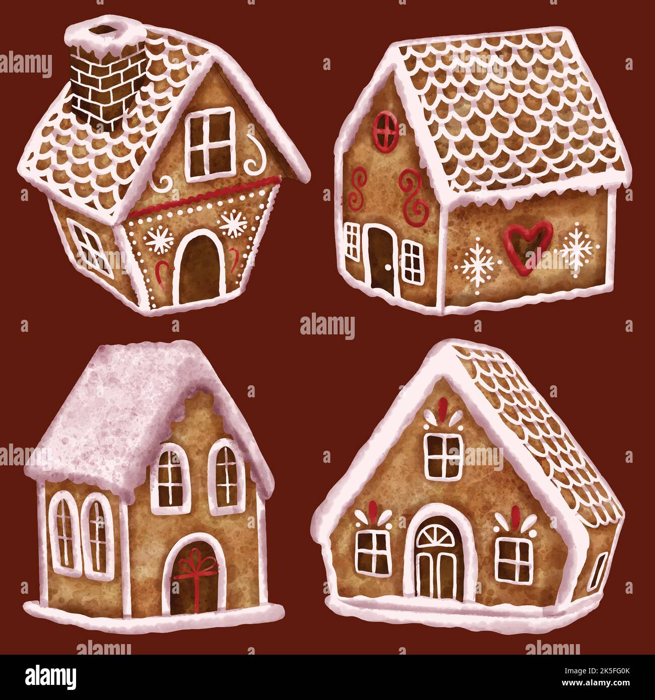 watercolor gingerbread houses collection vector design illustration ...