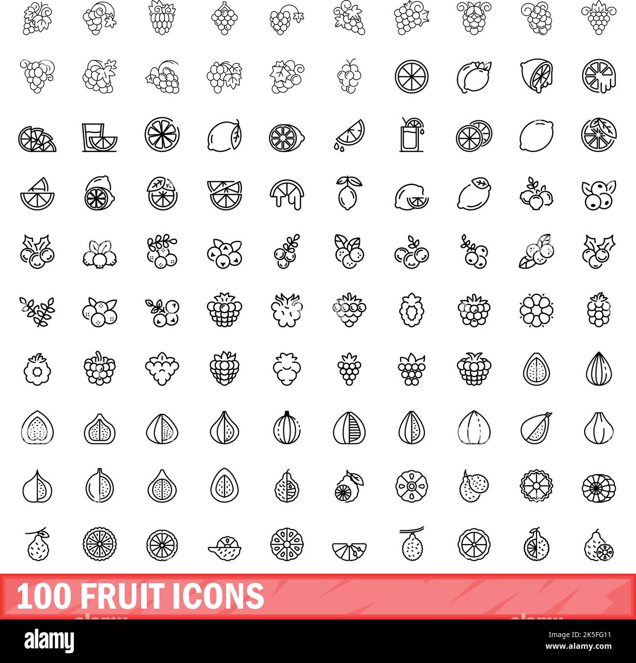 100 fruit icons set. Outline illustration of 100 fruit icons vector set ...