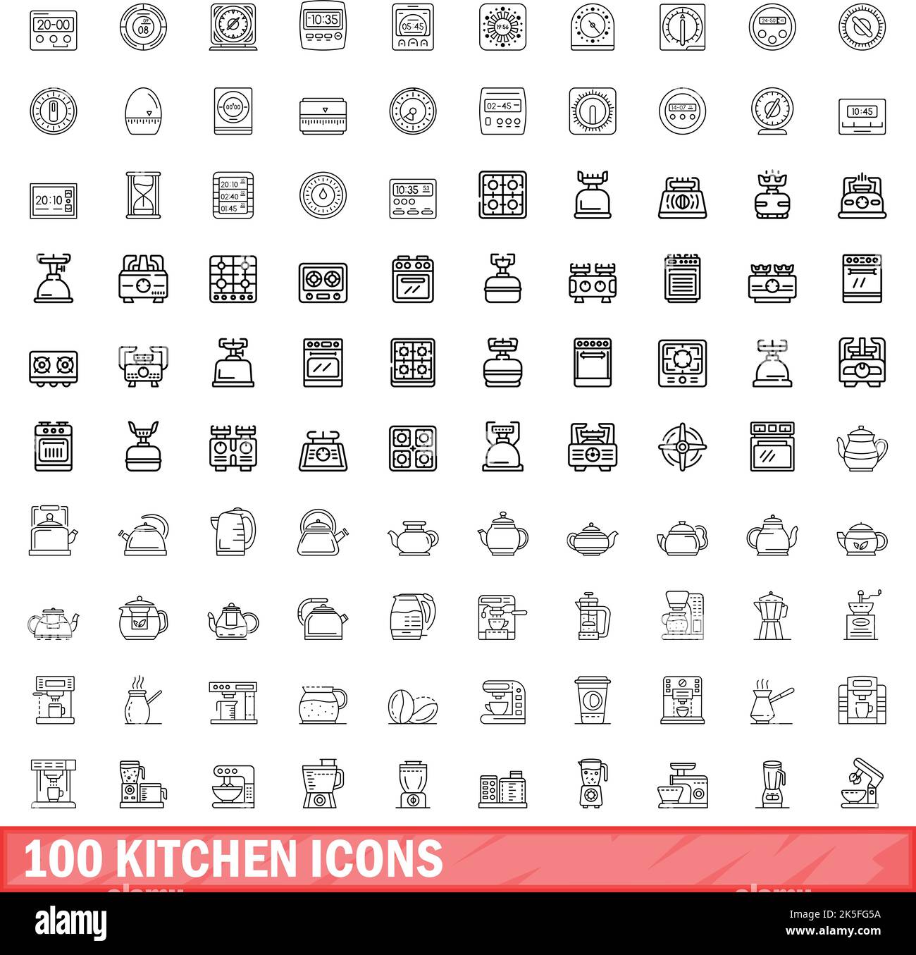 100 kitchen icons set. Outline illustration of 100 kitchen icons vector ...