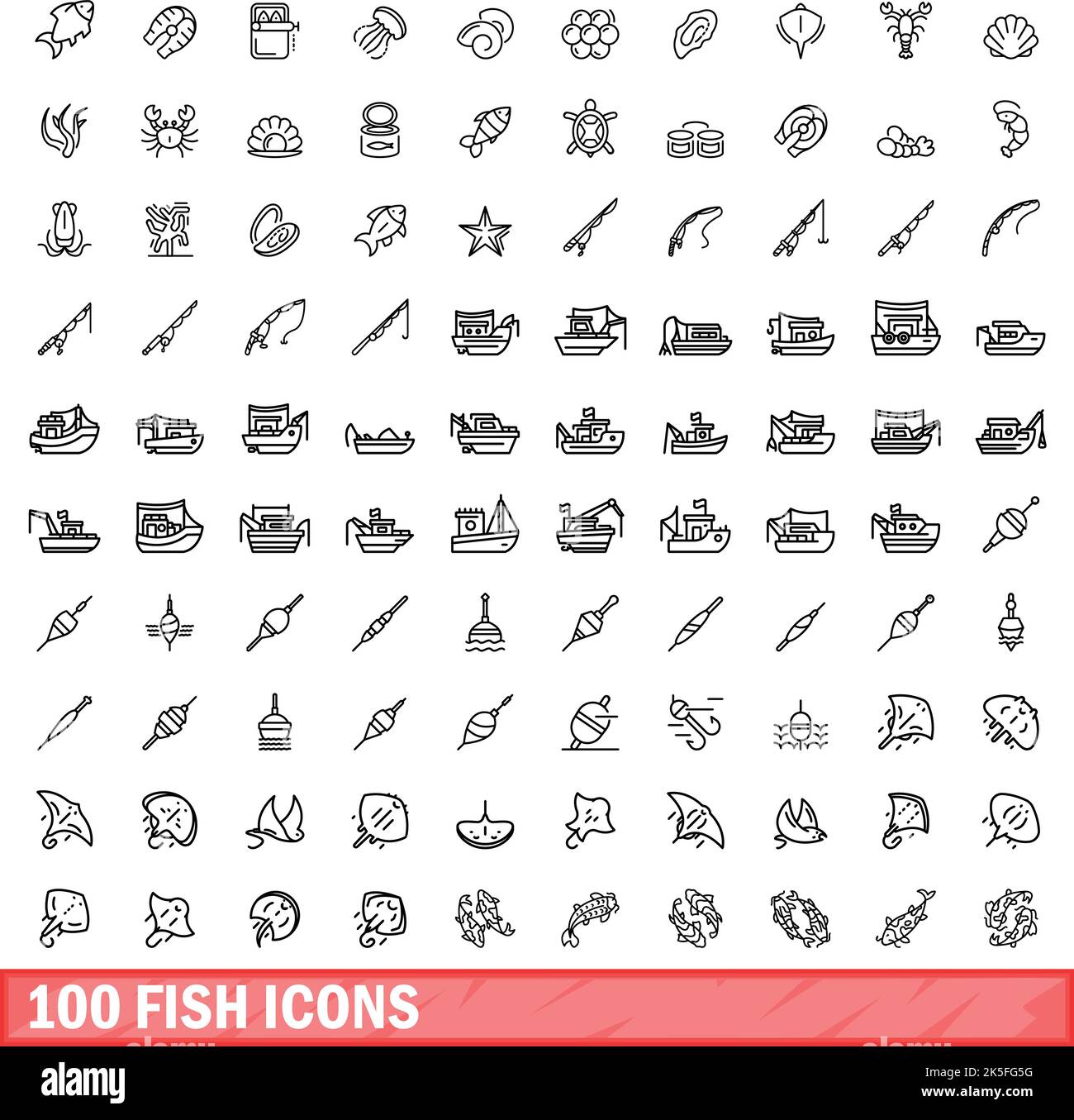 100 fish icons set. Outline illustration of 100 fish icons vector set ...