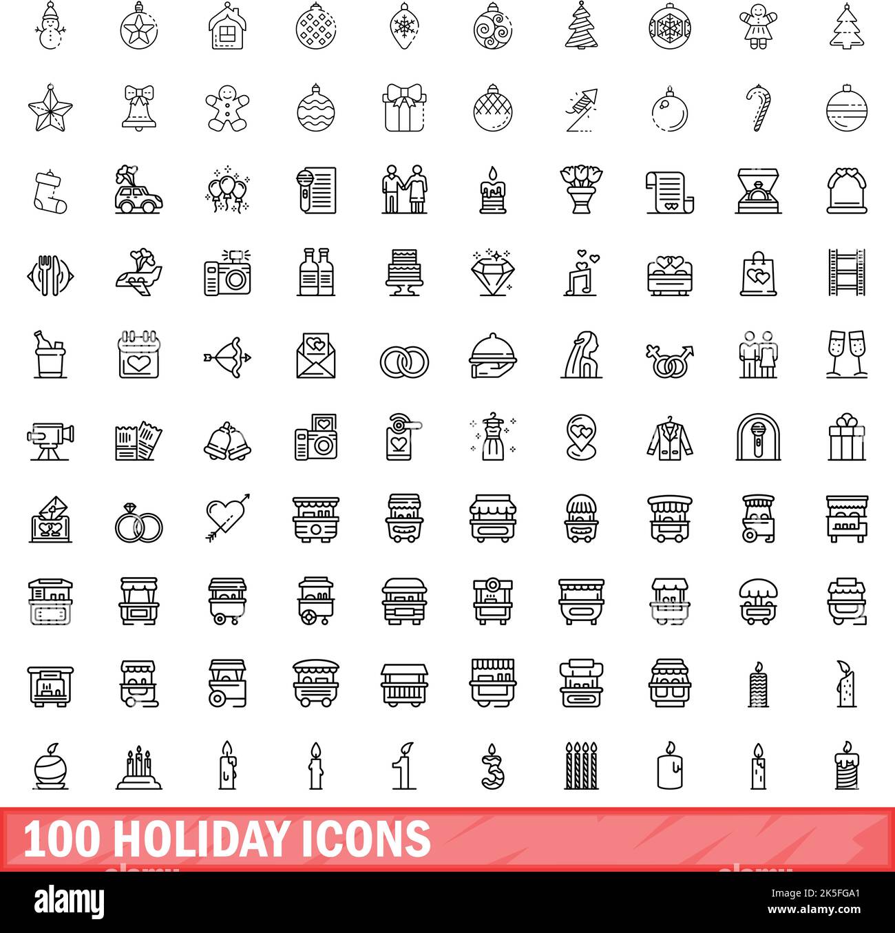 100 holiday icons set. Outline illustration of 100 holiday icons vector ...