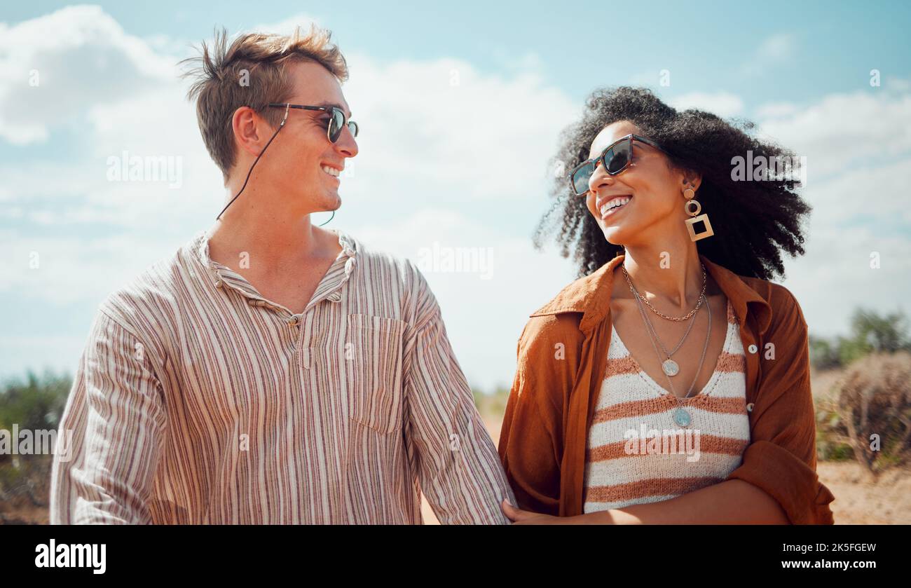 Couple together, nature and travel outdoor desert adventure lifestyle ...