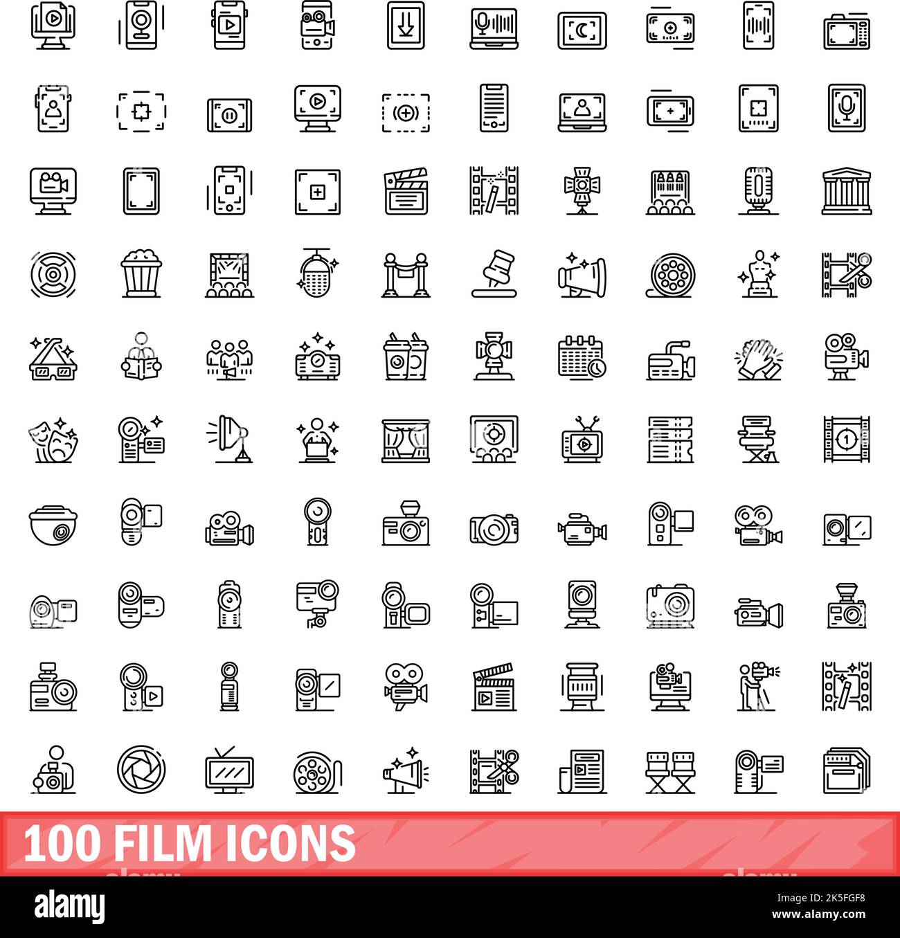 100 film icons set. Outline illustration of 100 film icons vector set ...