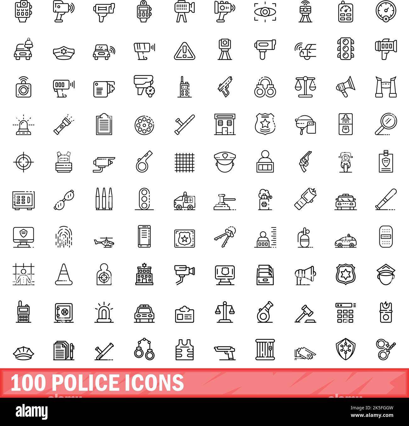 100 police icons set. Outline illustration of 100 police icons vector ...