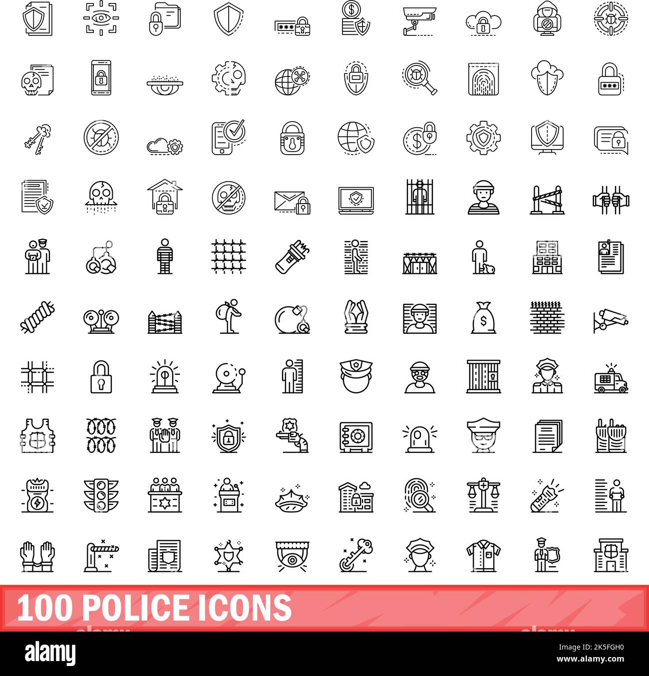 100 police icons set. Outline illustration of 100 police icons vector ...