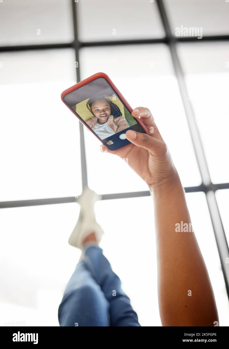 Selfie, phone or black woman relax after study for college, school or ...