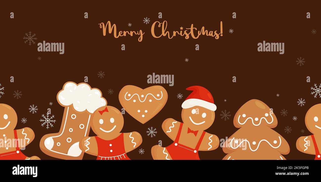 Seamless horizontal border with cute gingerbread, gingerbread man Santa ...