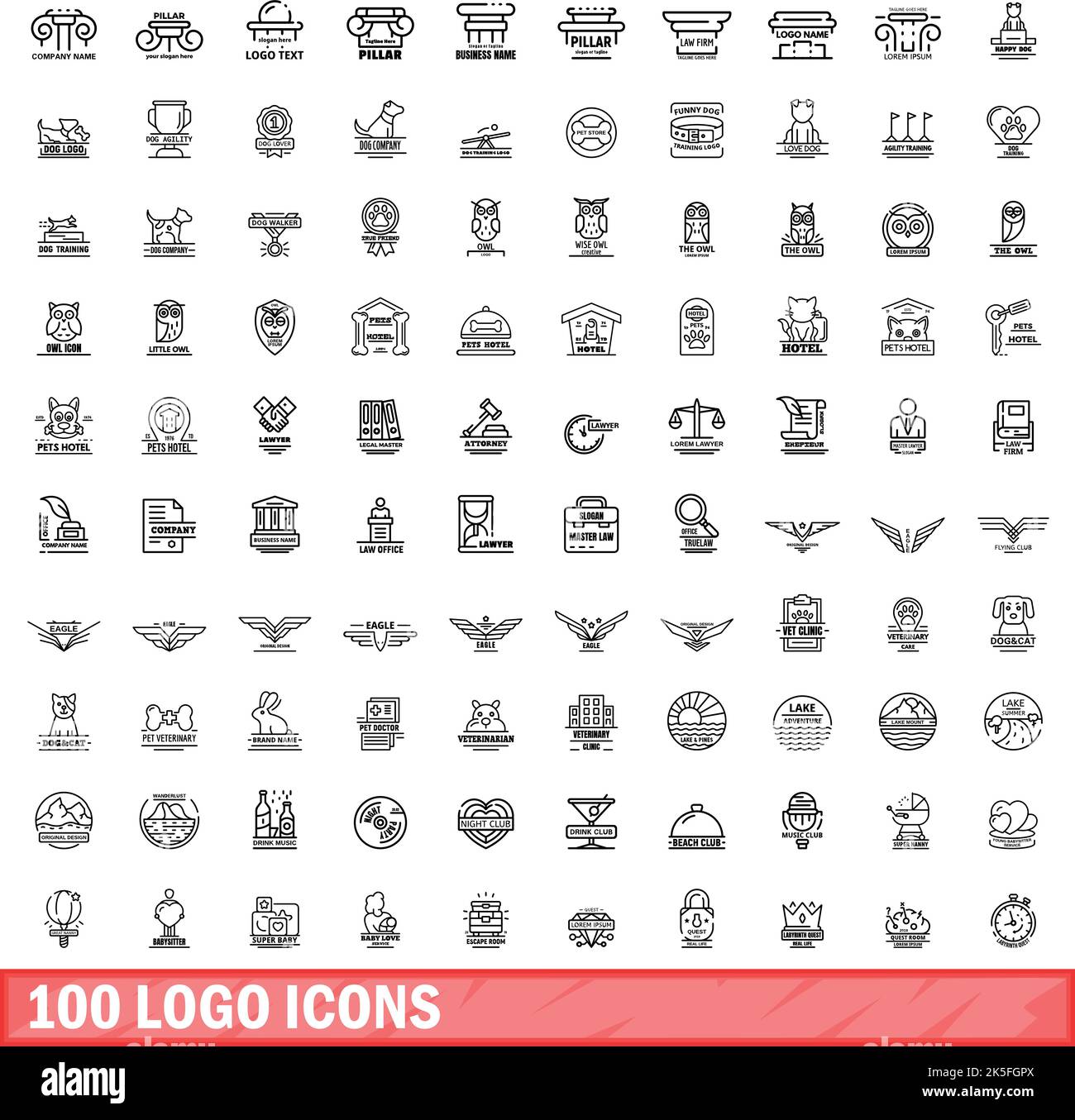 100 logo icons set. Outline illustration of 100 logo icons vector set ...