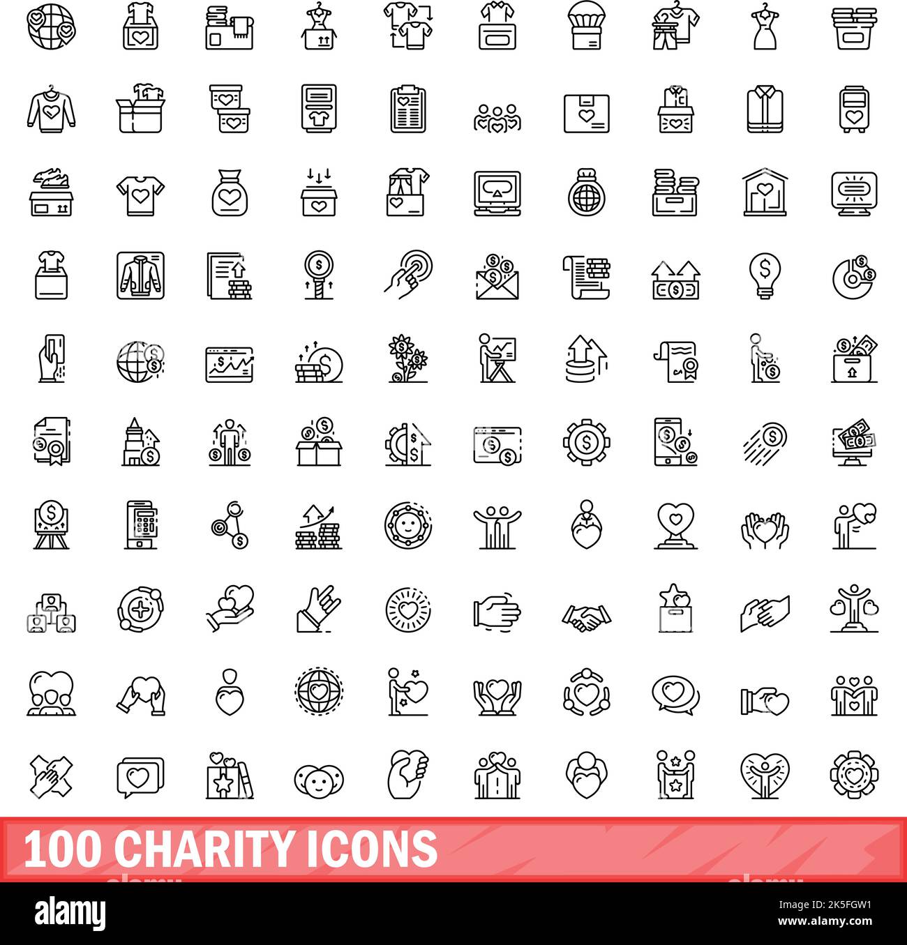 100 charity icons set. Outline illustration of 100 charity icons vector ...