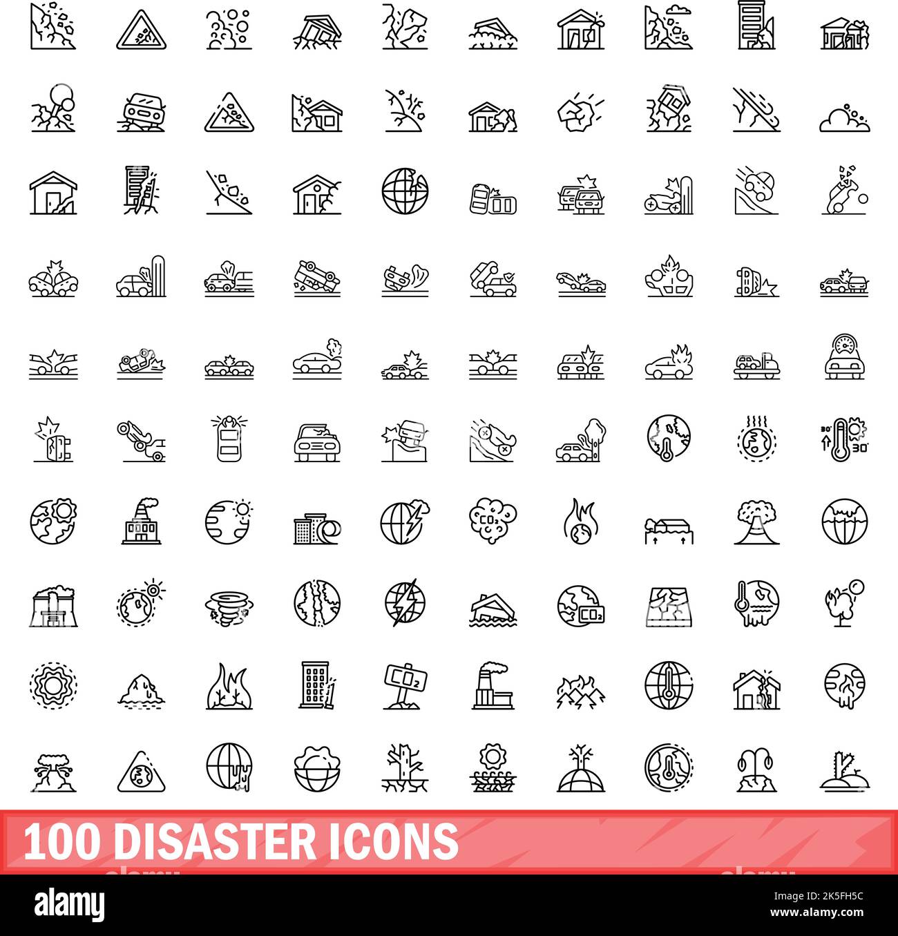 100 disaster icons set. Outline illustration of 100 disaster icons ...