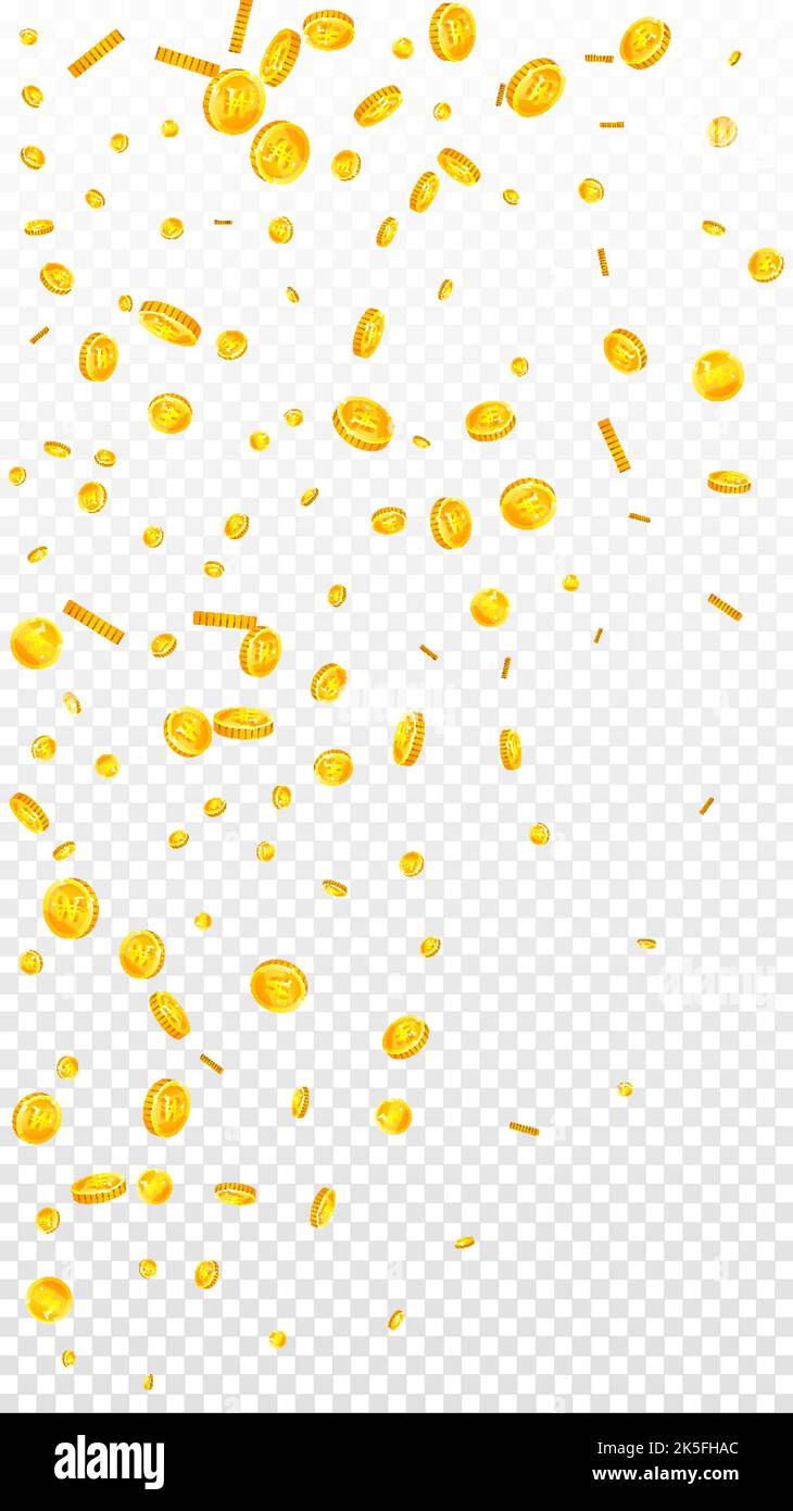 Korean won coins falling. Scattered gold WON coins. Korea money ...