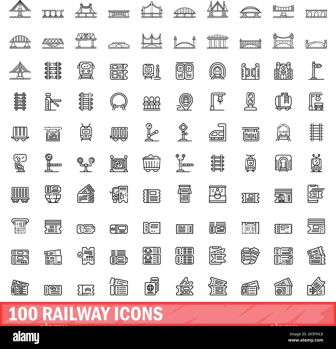 100 railway icons set. Outline illustration of 100 railway icons vector ...