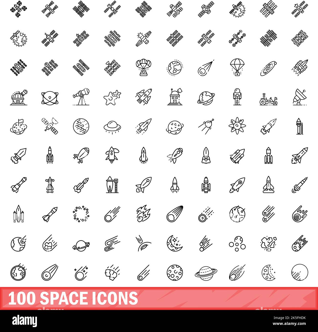 100 space icons set. Outline illustration of 100 space icons vector set isolated on white ...