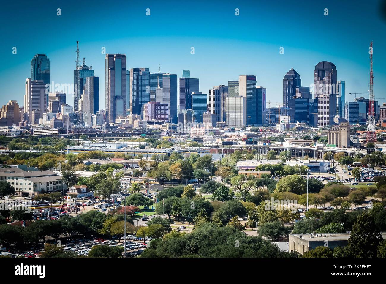 An aerial of a beautiful city skyline with modern buildings and ...