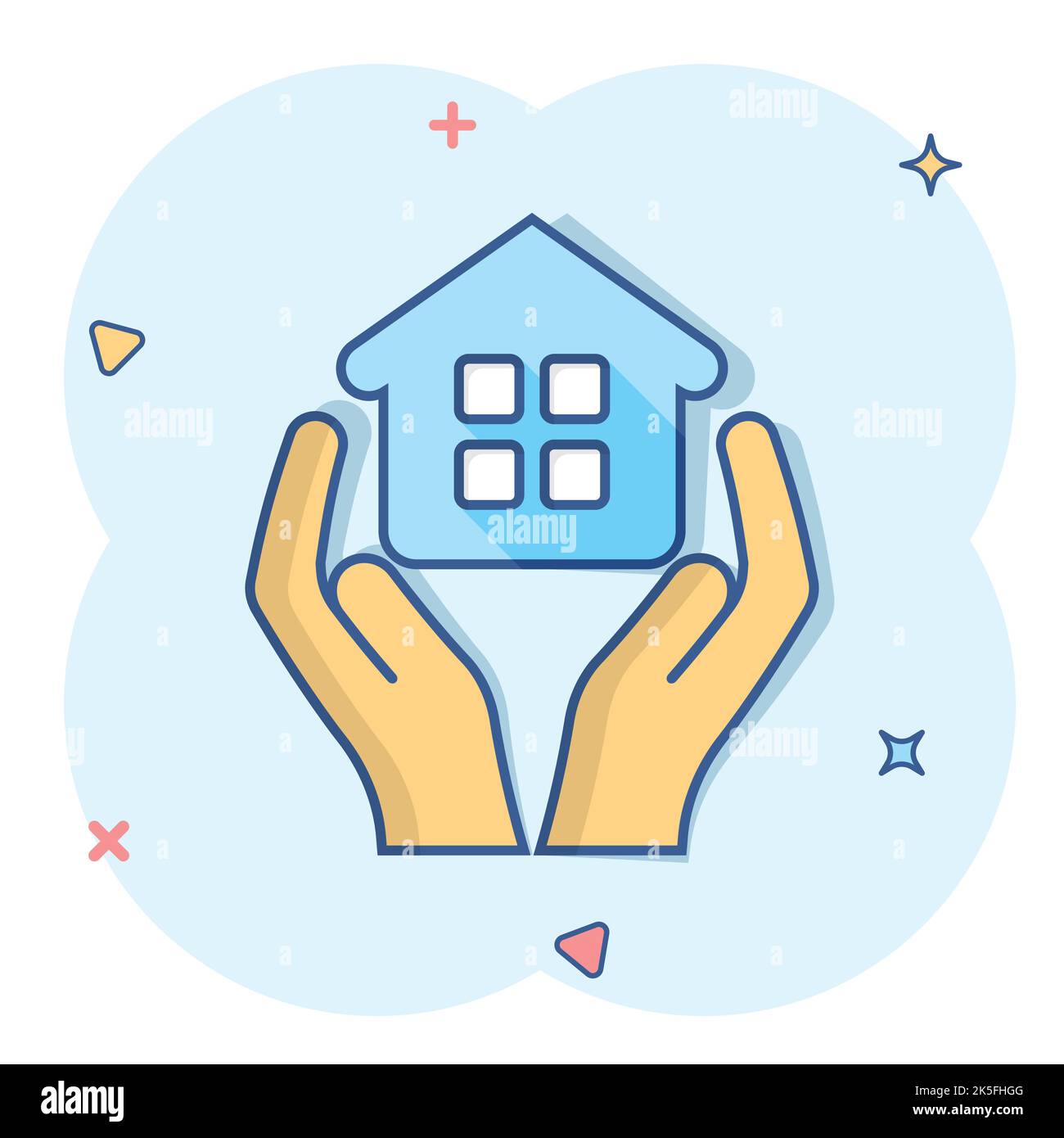 Home care icon in comic style. Hand hold house vector cartoon ...