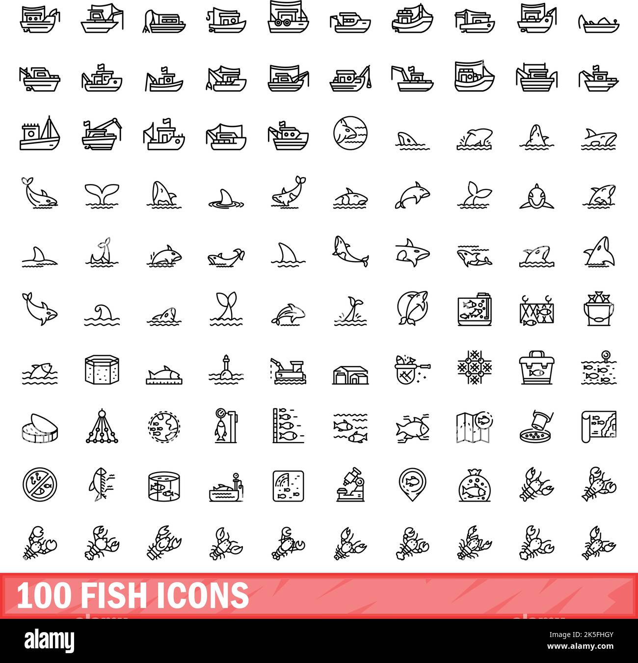 100 fish icons set. Outline illustration of 100 fish icons vector set ...
