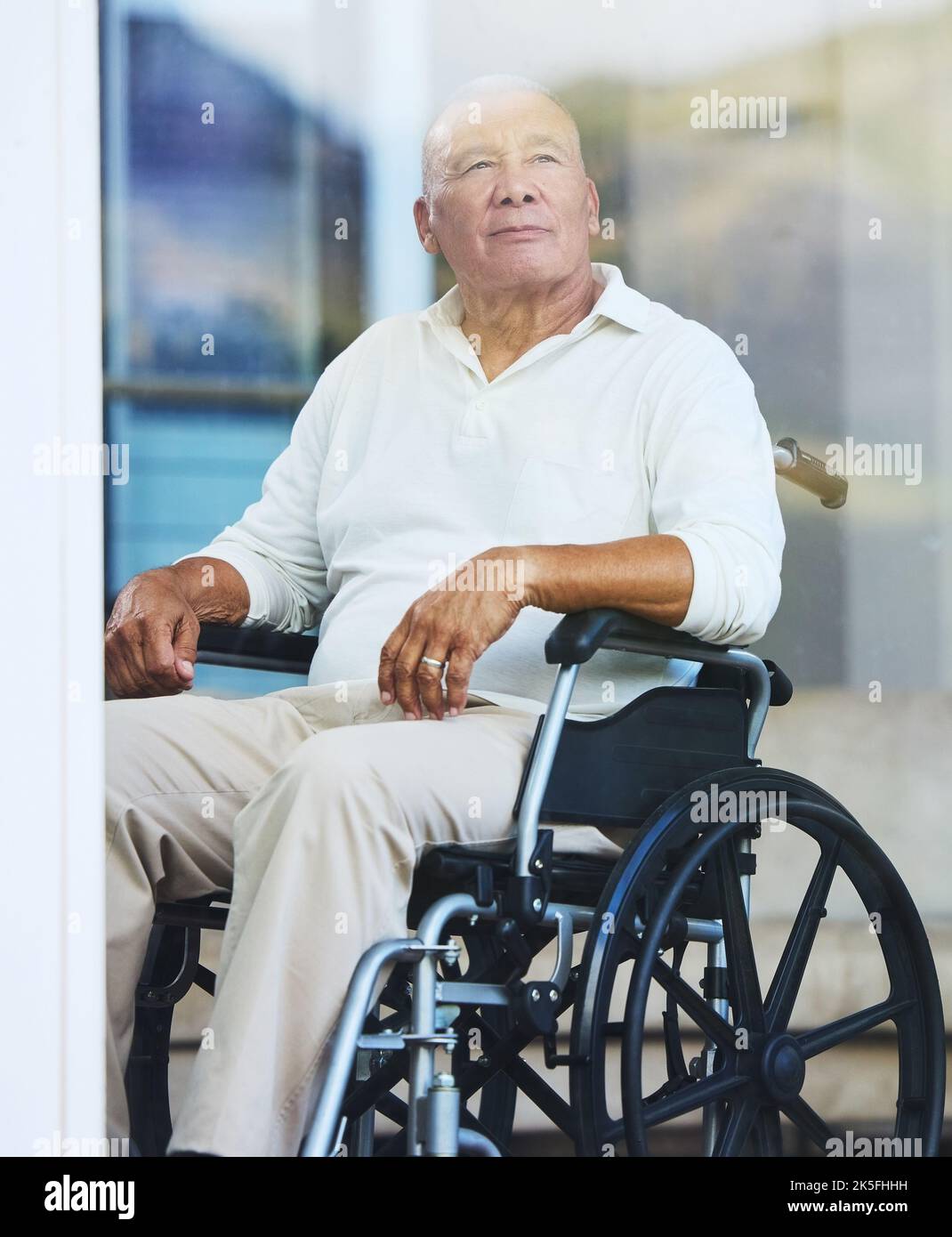 Retirement, window and elderly man in wheelchair thinking about life in ...