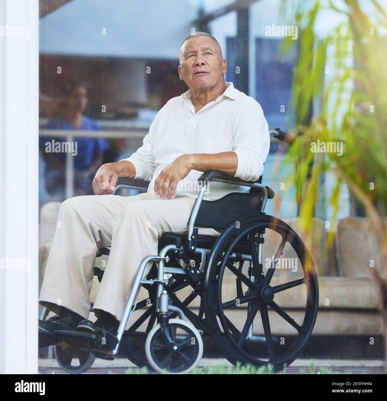 Senior man, healthcare and wheelchair in hospital surgery recovery, nursing home or Mexico ...