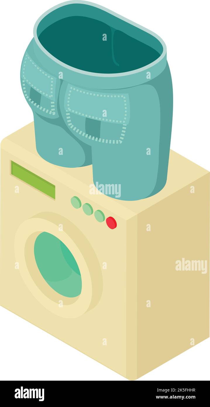 Machine wash icon isometric vector. Grey cropped jeans on washing ...