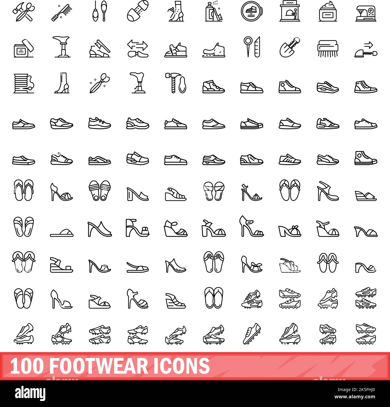 100 footwear icons set. Outline illustration of 100 footwear icons ...