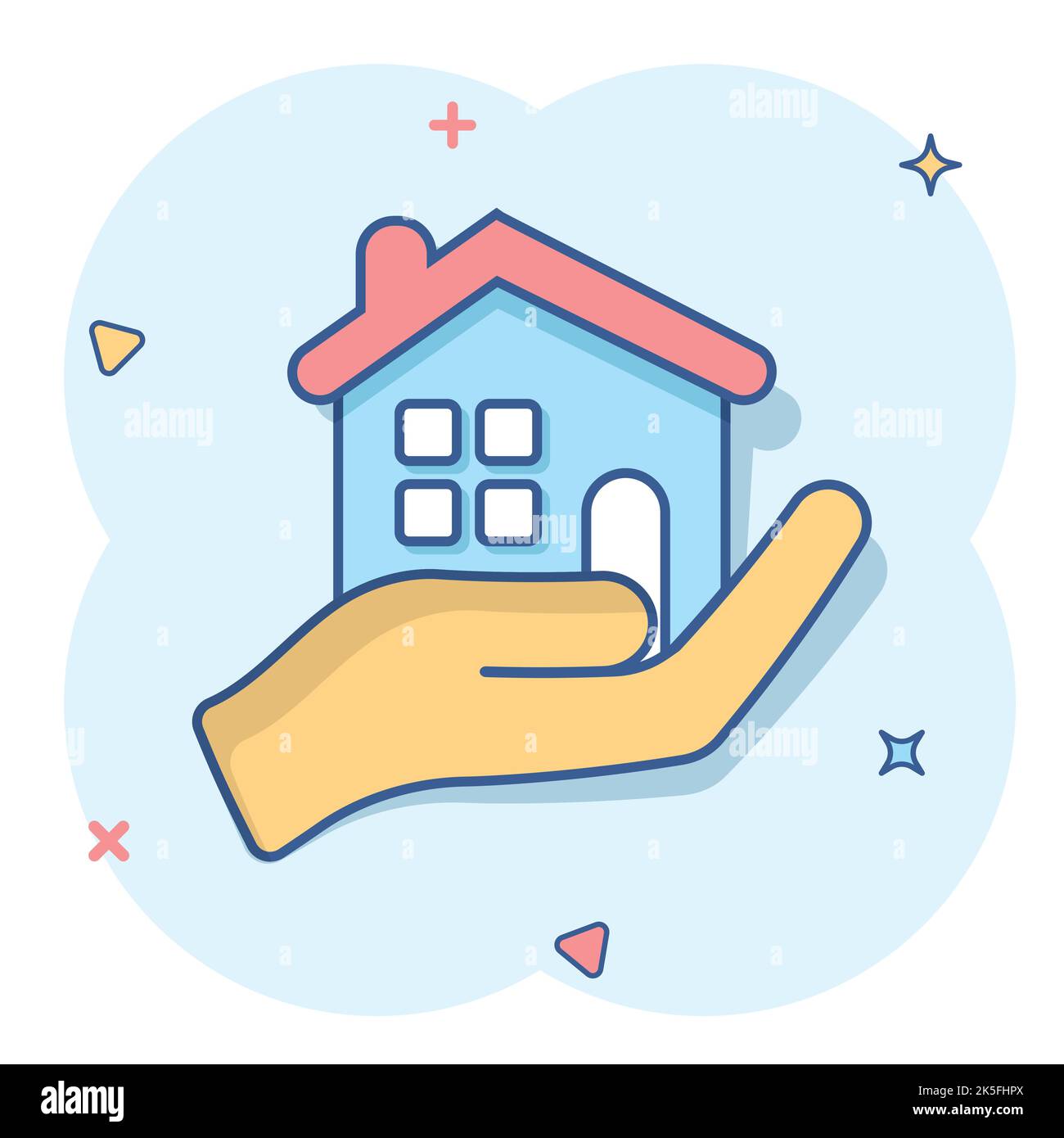 Home care icon in comic style. Hand hold house vector cartoon ...