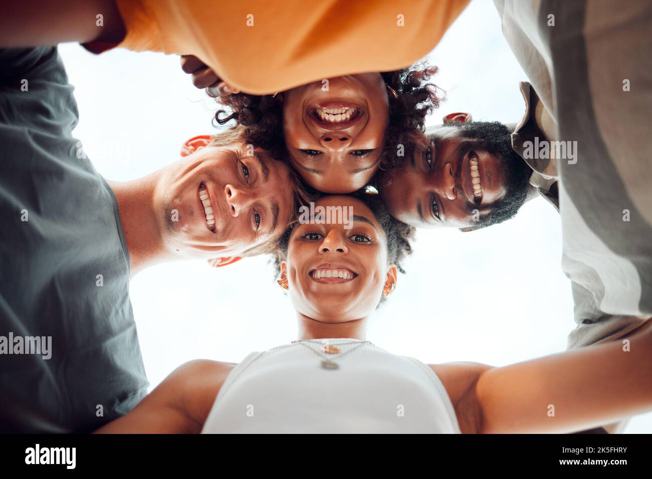 Friends, group and happy with head touch together below on road trip ...