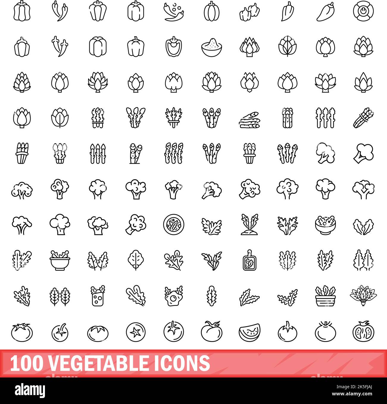 100 vegetable icons set. Outline illustration of 100 vegetable icons ...