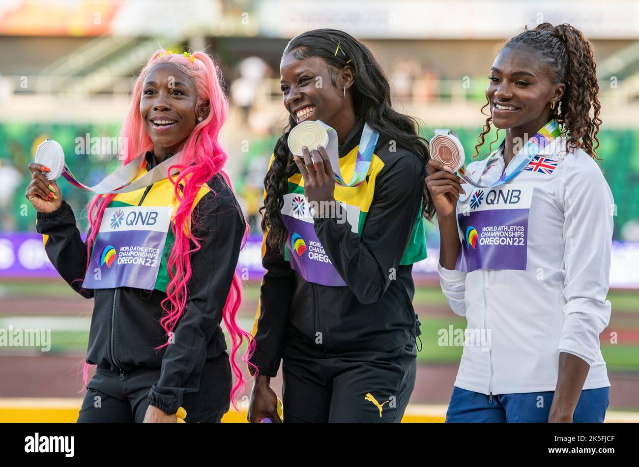 Shelly-Ann Fraser-Pryce, Shericka Jackson of Jamaica and Dina Asher ...