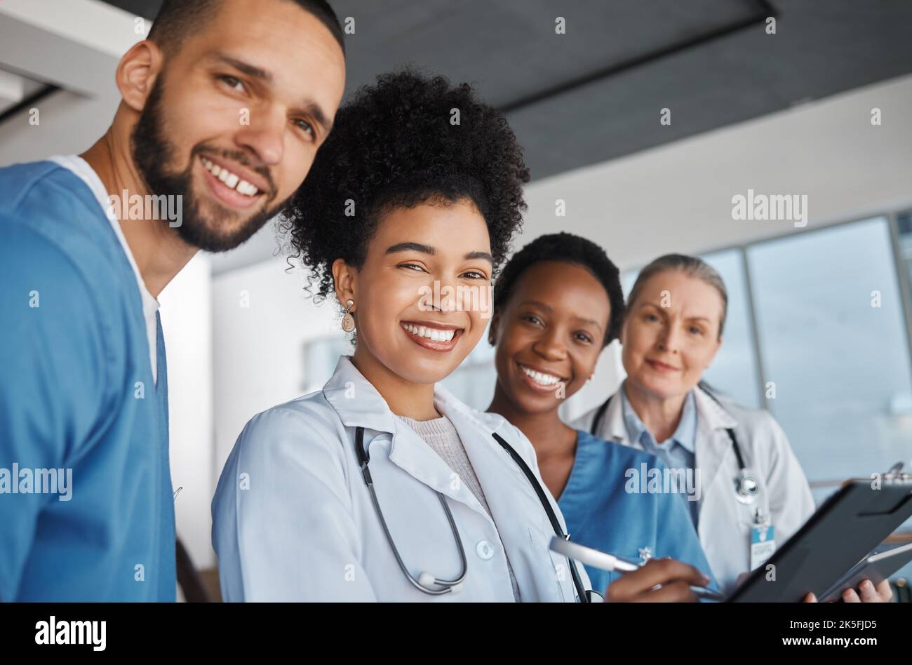 Medicine, doctors and healthcare team at work with smile for medical portrait, diversity and ...