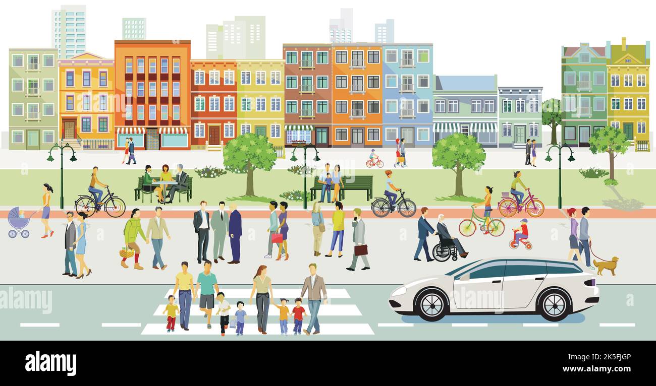 City silhouette with pedestrians in residential district, illustration ...