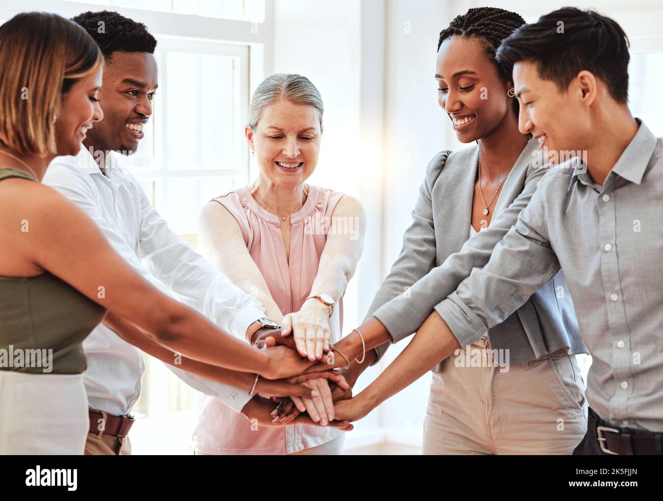 Teamwork, collaboration hands and business people in office. Team ...