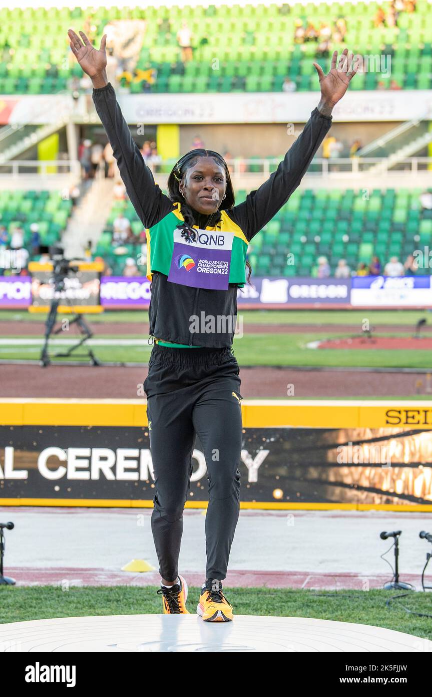 Shericka Jackson of Jamaica gold medal presentation for the women’s ...