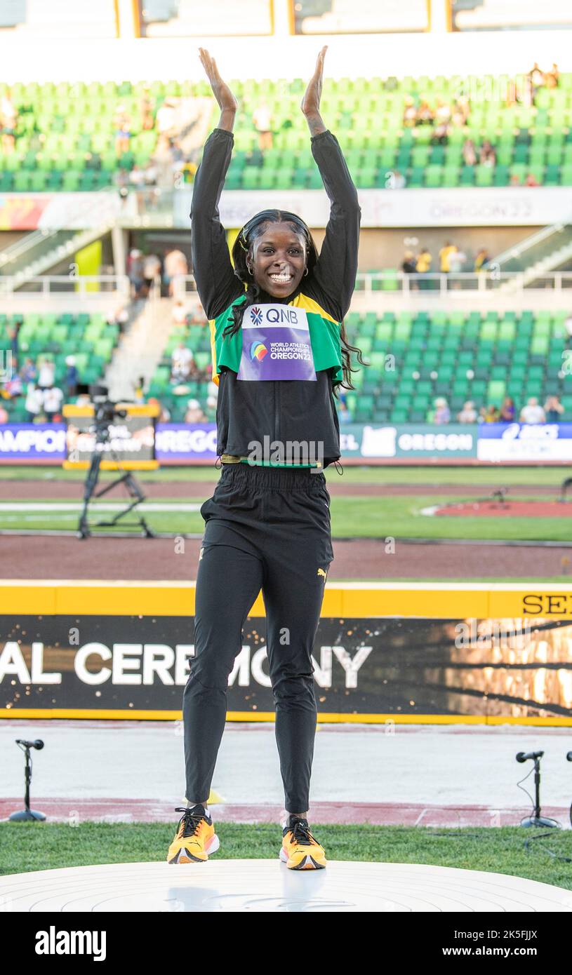 Shericka Jackson of Jamaica gold medal presentation for the women’s 200m at the World Athletics ...