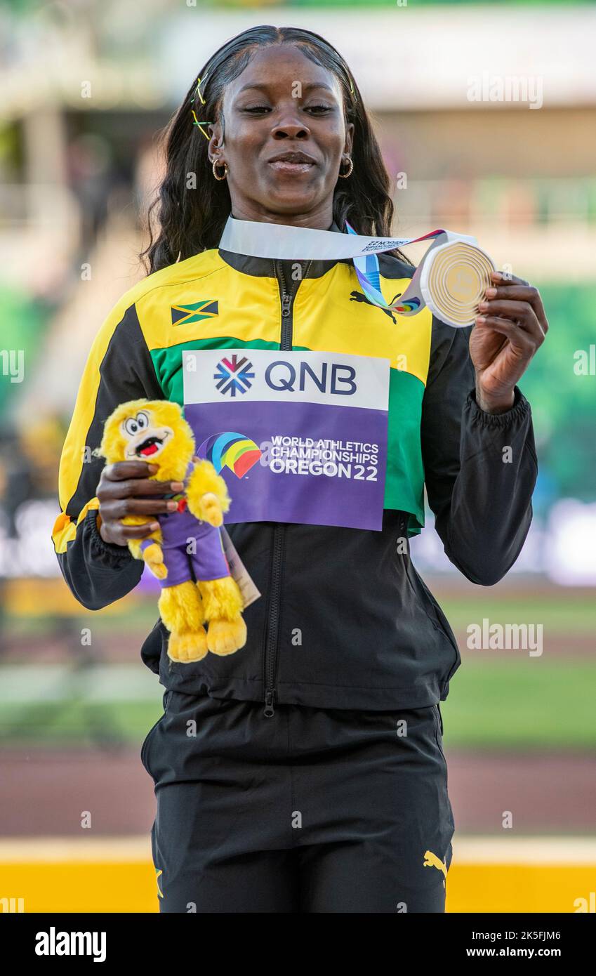 Shericka Jackson of Jamaica gold medal presentation for the women’s ...