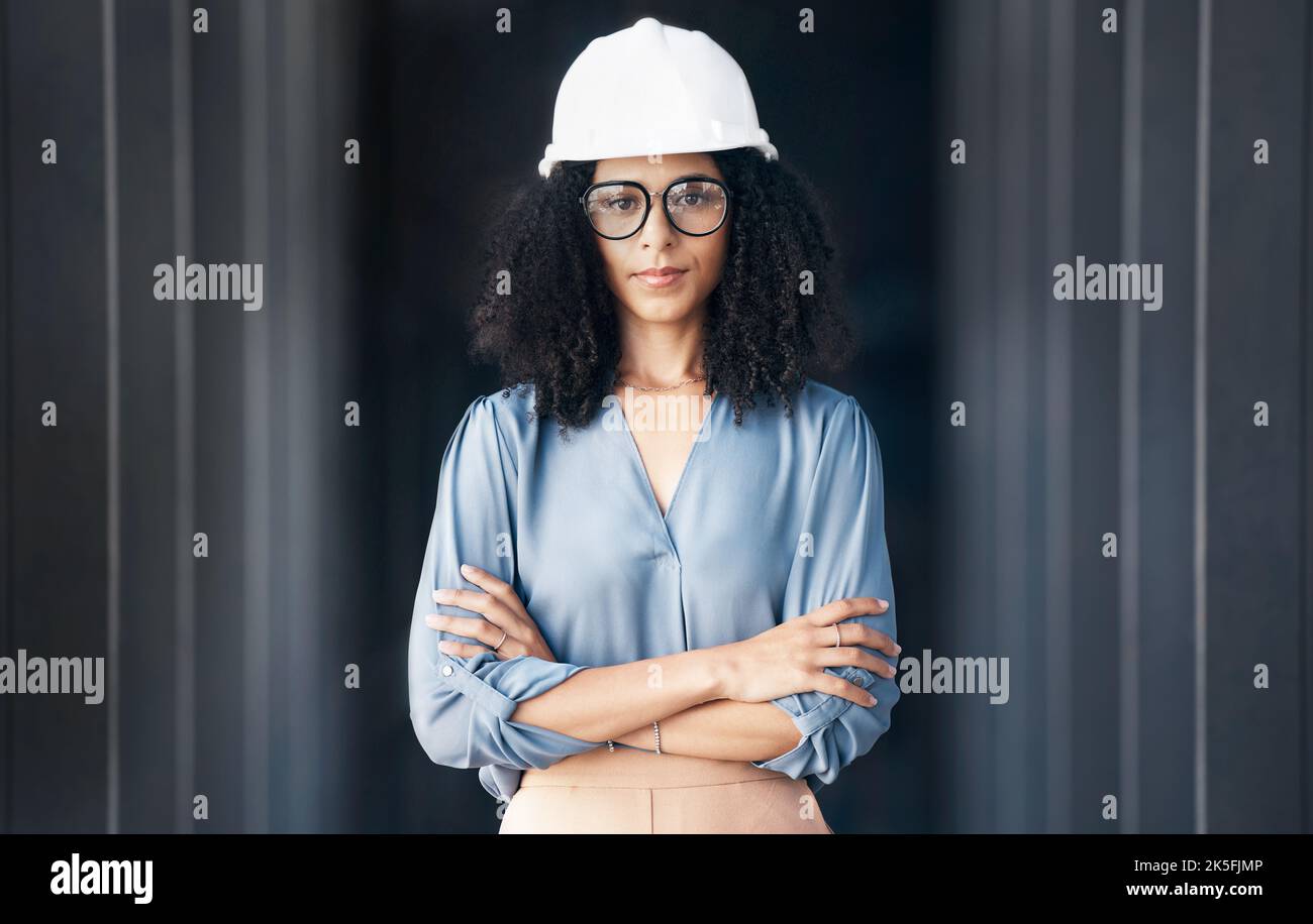 Architecture, engineering and black woman leader portrait at ...
