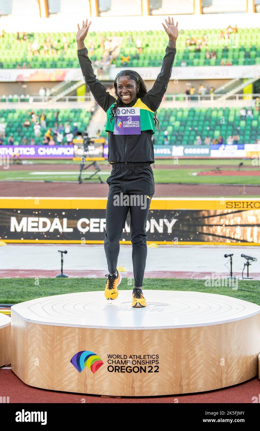 Shericka Jackson of Jamaica gold medal presentation for the women’s ...