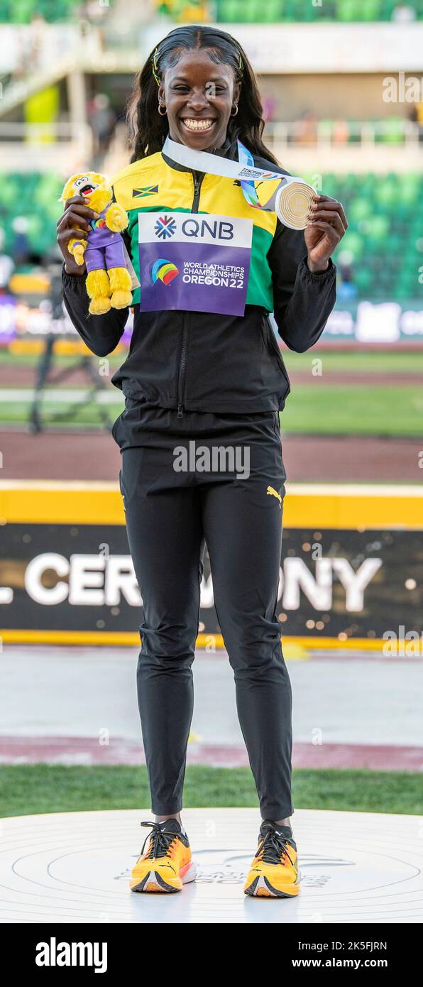 Shericka Jackson of Jamaica gold medal presentation for the women’s ...