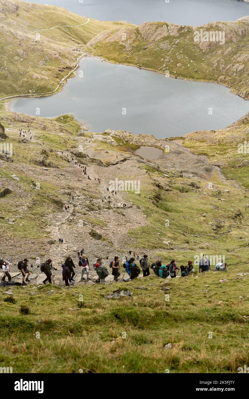 Hikers on Snowdon / Yr Wyddfa, Eryri /Snowdonia National park, Wales, UK, with Glaslyn in the ...
