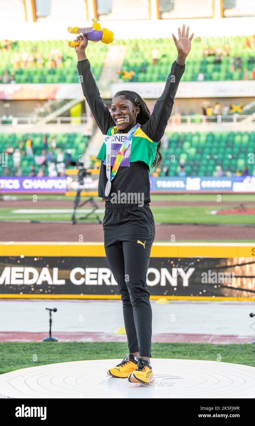 Shericka Jackson of Jamaica gold medal presentation for the women’s ...