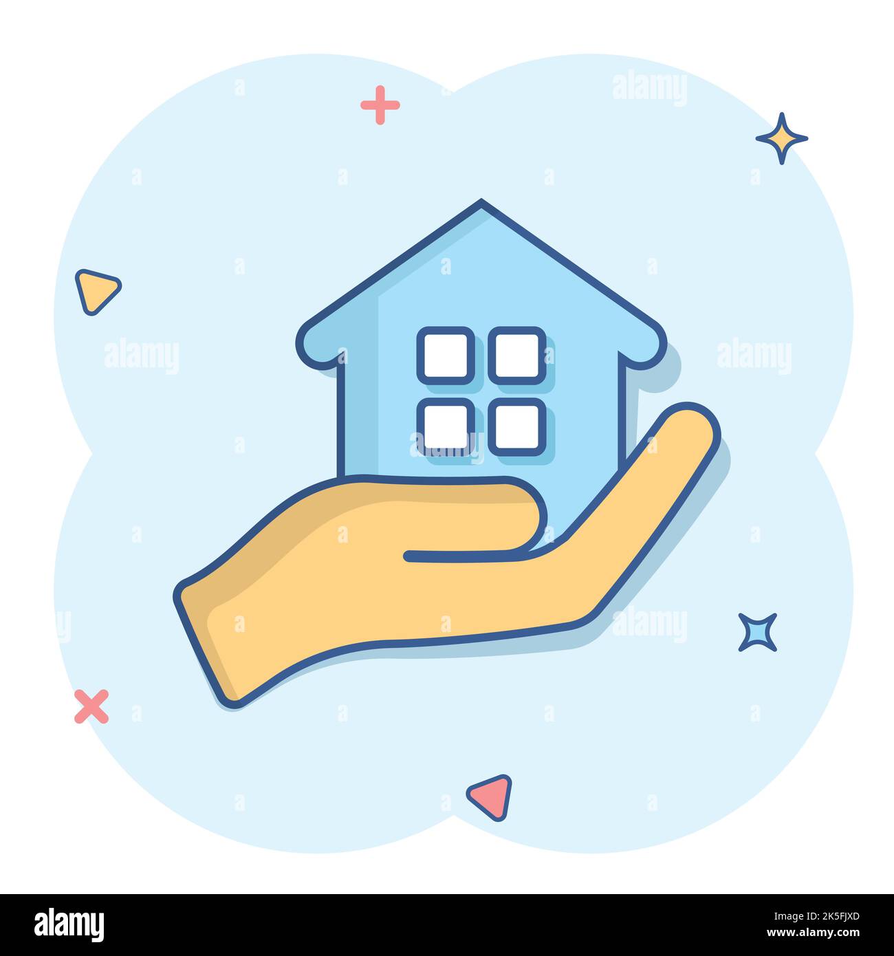 Home care icon in comic style. Hand hold house vector cartoon ...