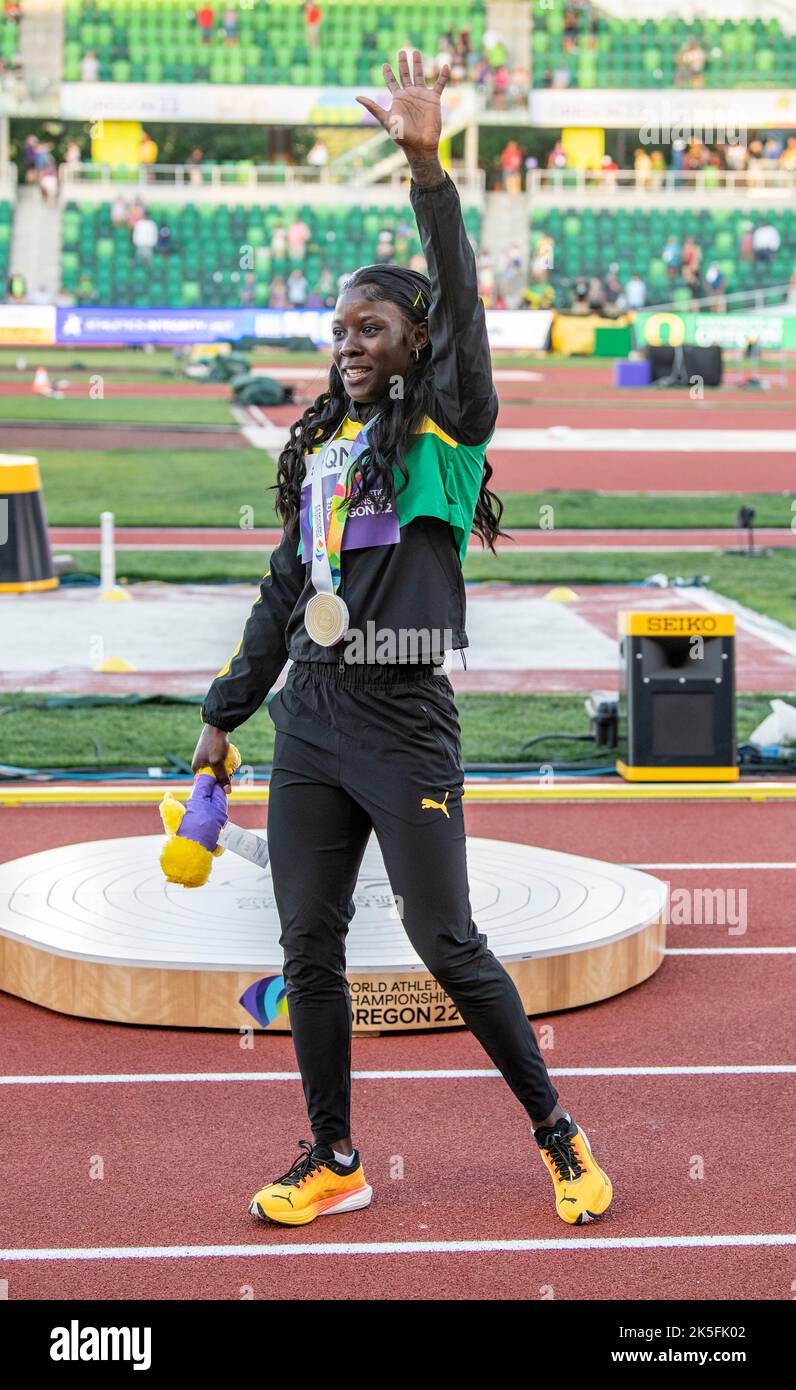 Shericka Jackson of Jamaica gold medal presentation for the women’s ...