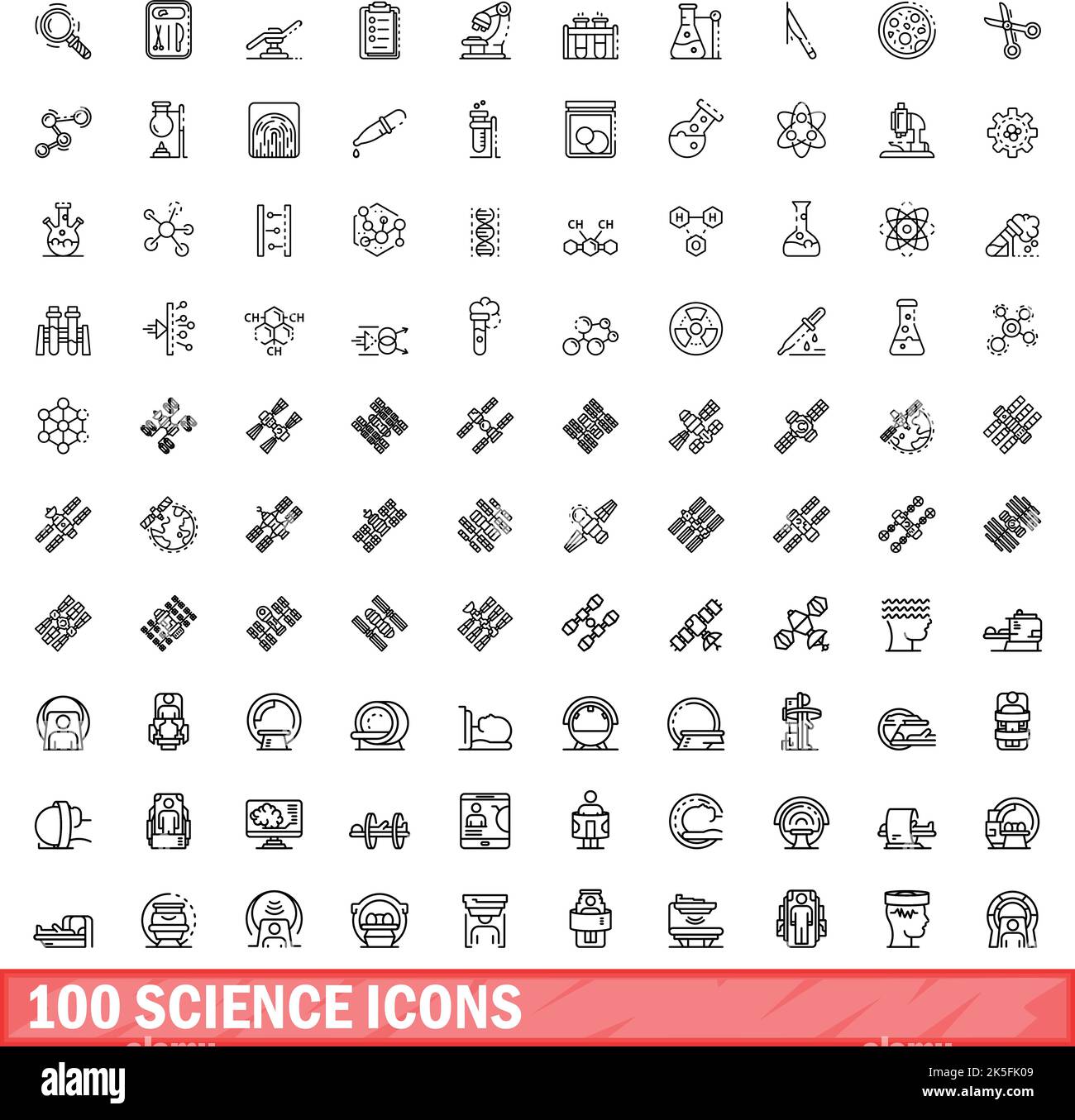 100 science icons set. Outline illustration of 100 science icons vector set isolated on white ...