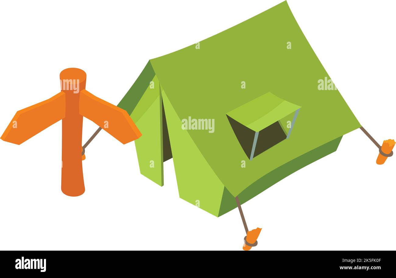 Ecological tourism icon isometric vector. Green tourist tent and wooden ...