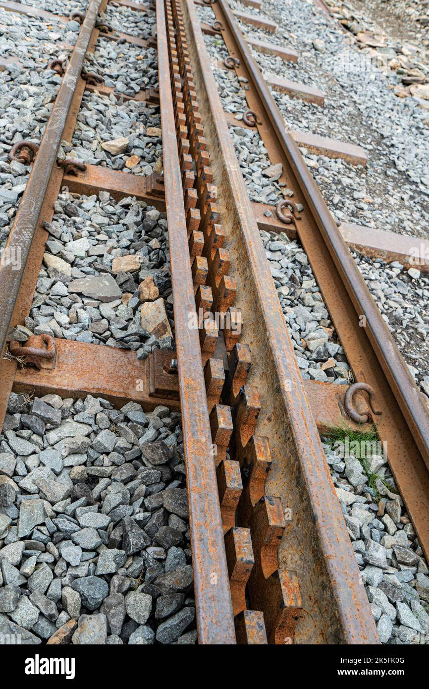 Rack and pinion track, Snowdon Mountain railway, Snowdon / Yr Wyddfa ...
