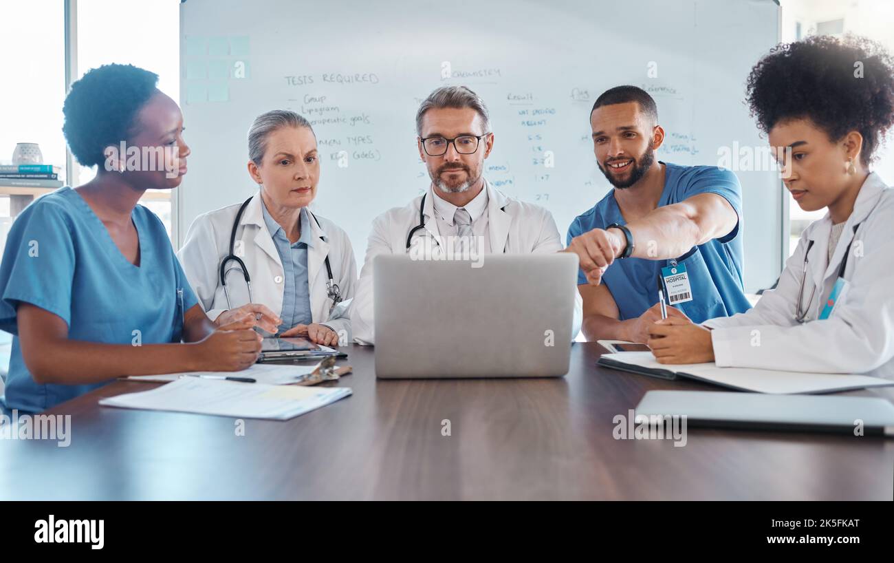 Medical meeting, research and doctors planning healthcare innovation in a seminar at a hospital ...