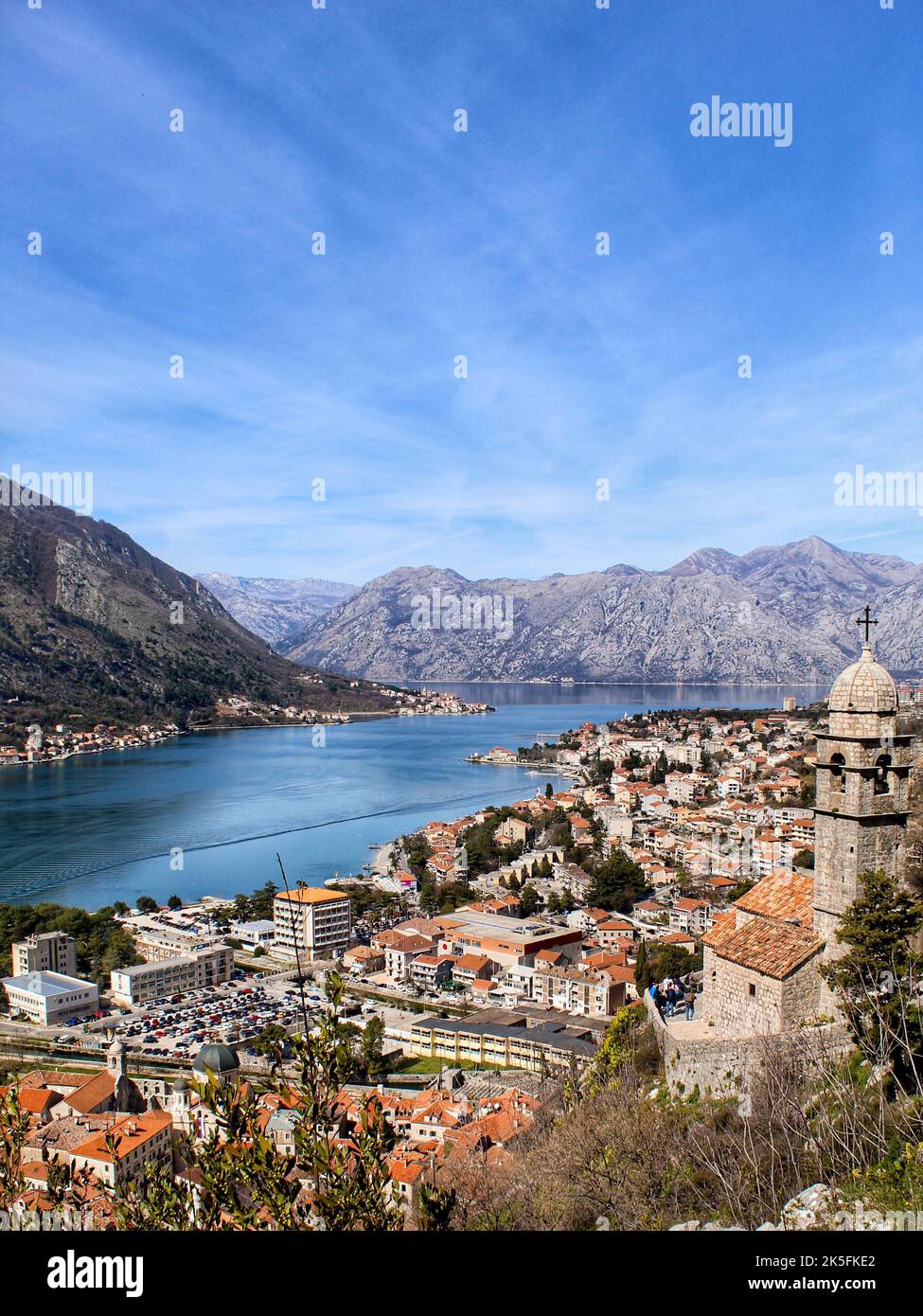 A beautiful vertical cityscape of Kotor, Montenegro on a bright sunny ...