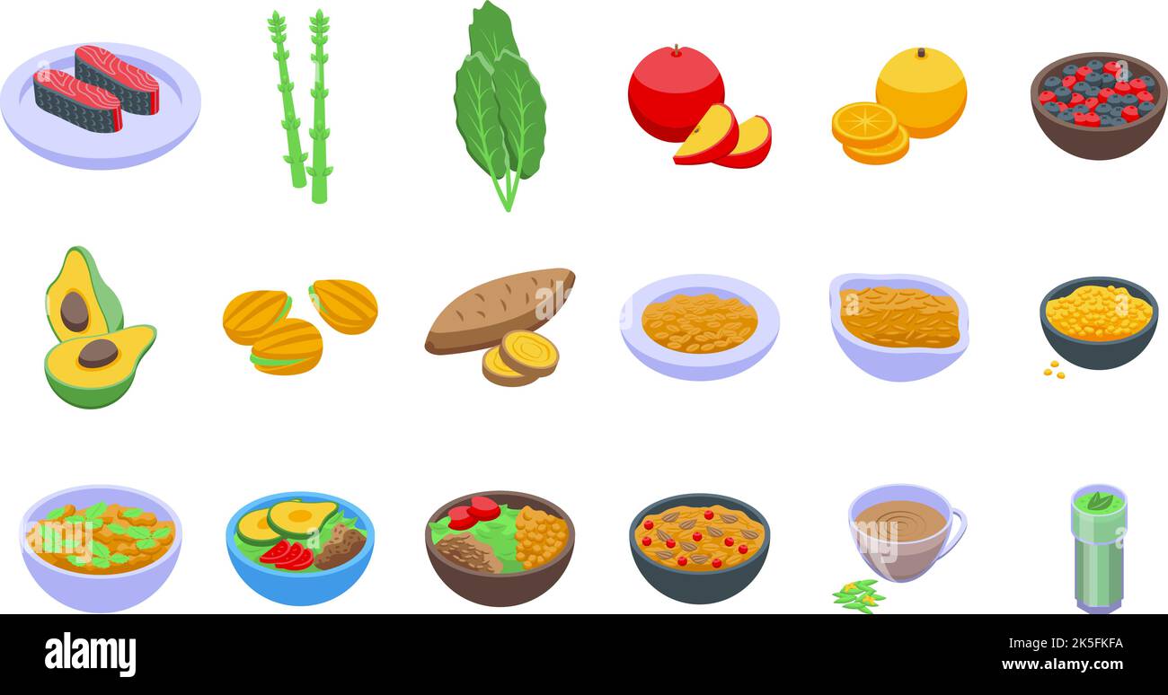 Ayurvedic diet icons set isometric vector. Food eating. Holistic ...