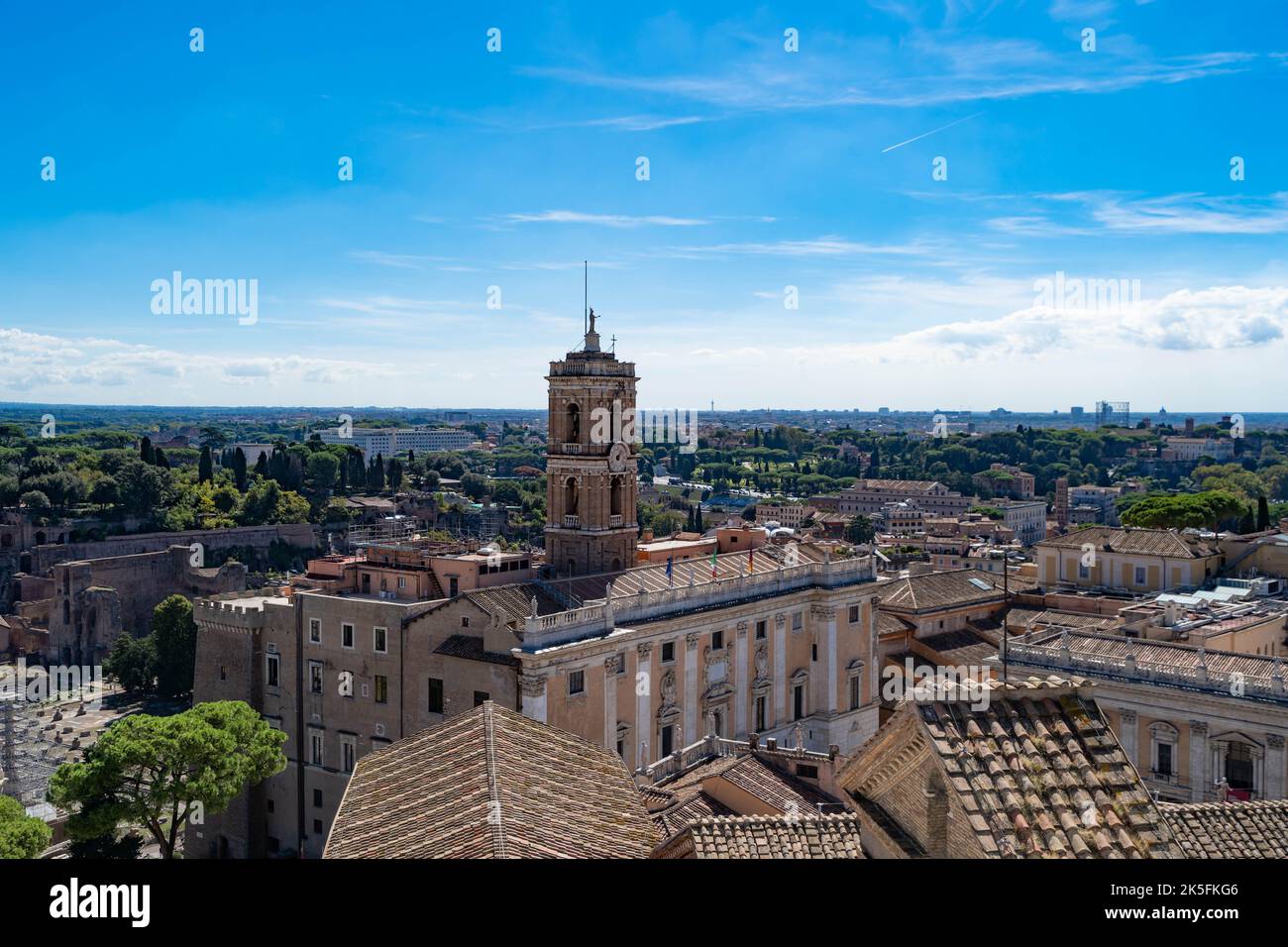 Aerial view of historic Roman architecture with prominent bell tower ...