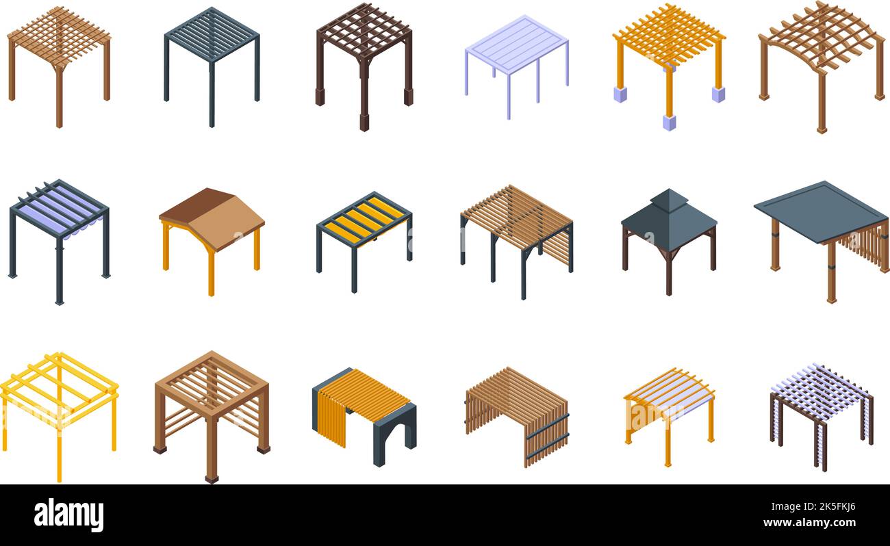 Pergola icons set isometric vector. Park gazebo. Wooden alcove Stock ...