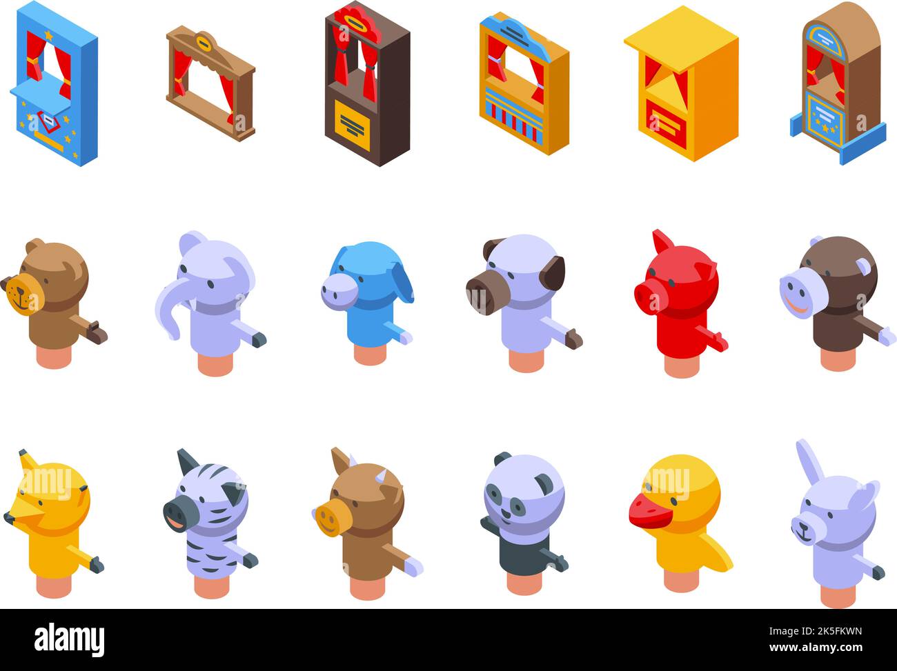 Puppet theater icons set isometric vector. Marionette doll. Theater kid ...